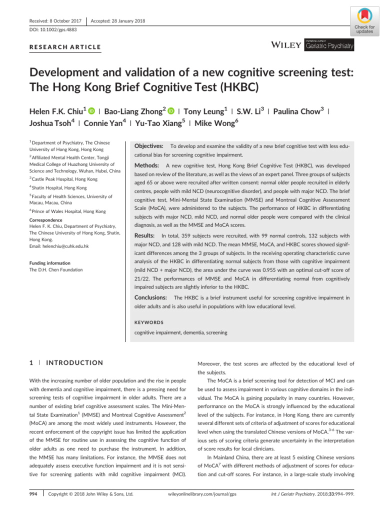 Development and Validation of A New Cognitive Screening Test The Hong ...