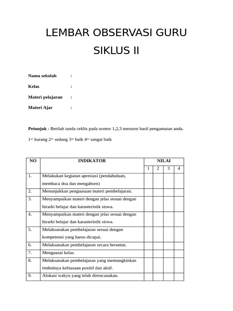Lembar Observasi Kinerja Guru Siklik II | PDF