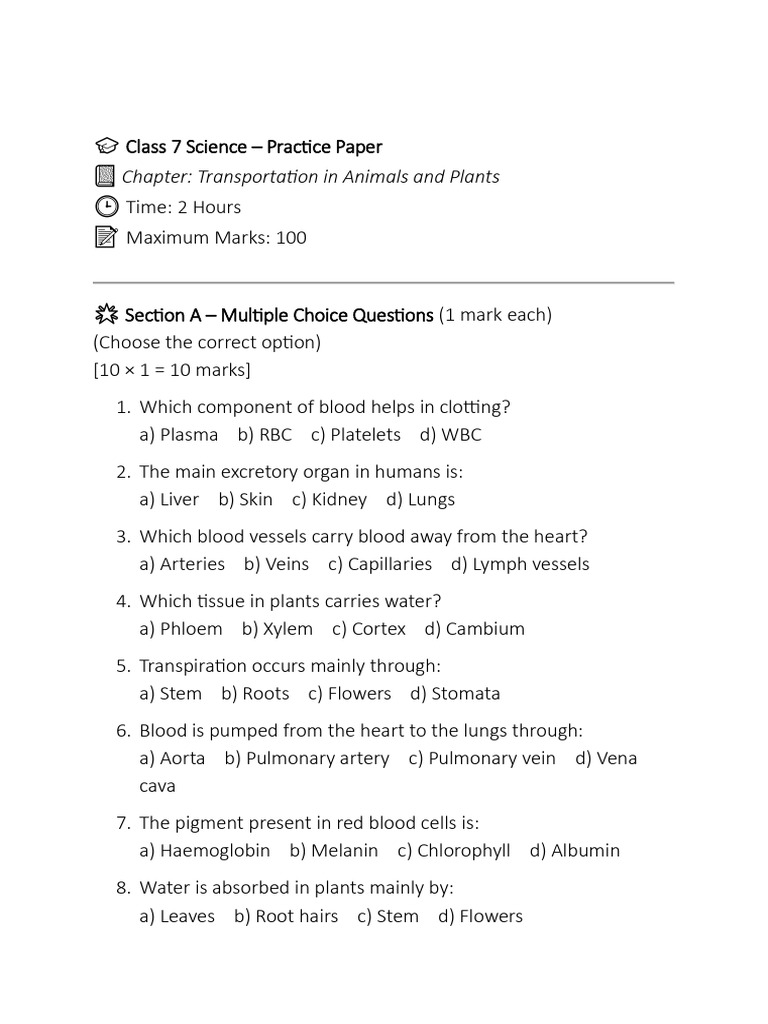 Class 7 Science: Animal and Plant Transport | PDF | Blood | Atrium (Heart)
