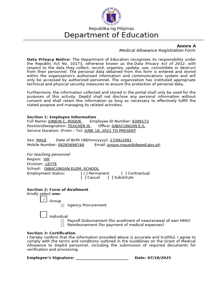 Annex A Medical Allowance Registration Form Annex C DBM Report Form ...