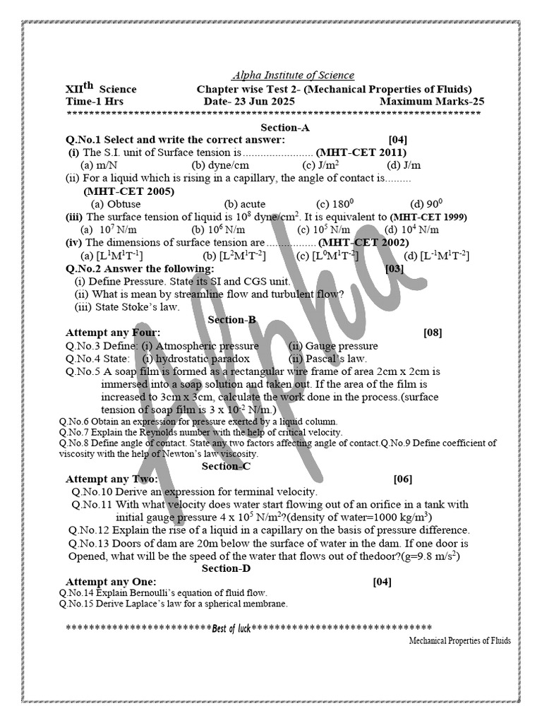 Important Questions on Fluid Mechanics | PDF | Pressure | Liquids