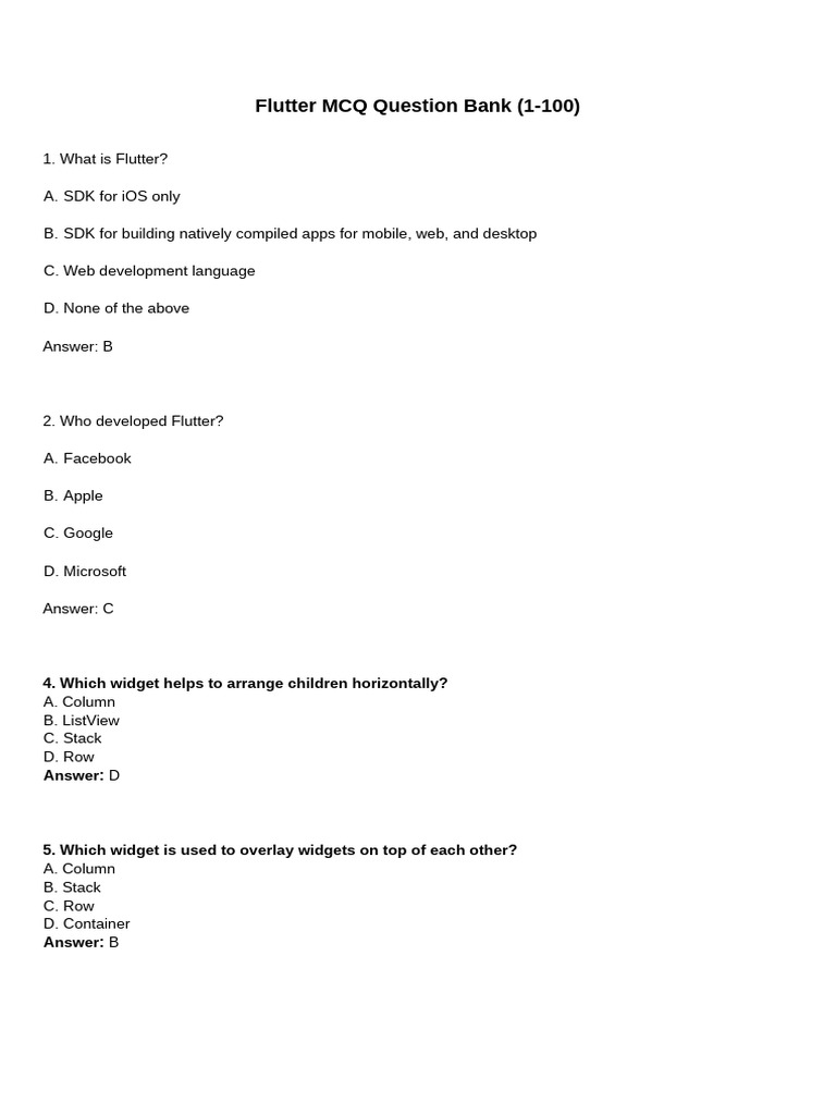 Flutter MCQ Questions 1 To 100 | PDF | Constructor (Object Oriented Programming) | Programming