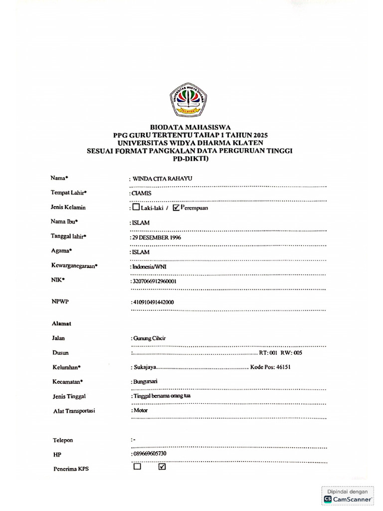 Biodata Winda Cita RAHAYU 202000764162 Bahasa Inggris | PDF
