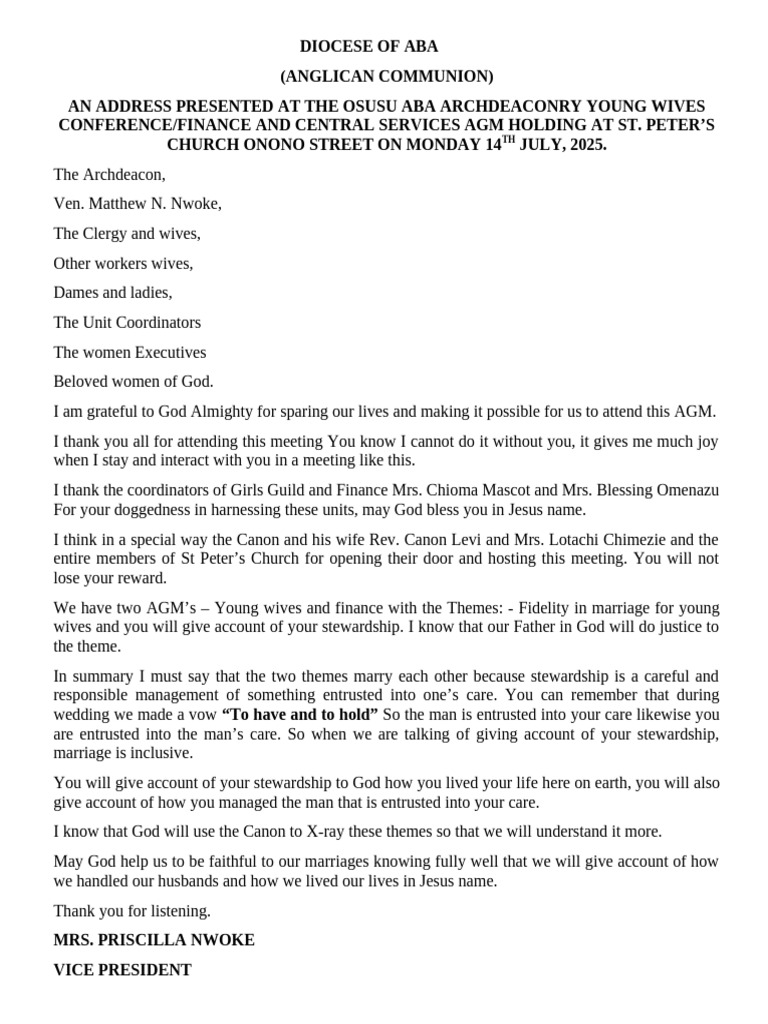 Young Wives Conference Address 2025 | PDF