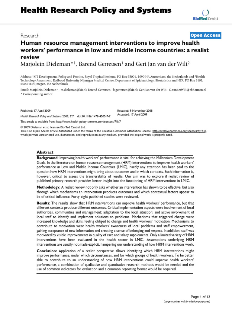 HRM Interventions for Health Workers' Performance | PDF | Incentive ...