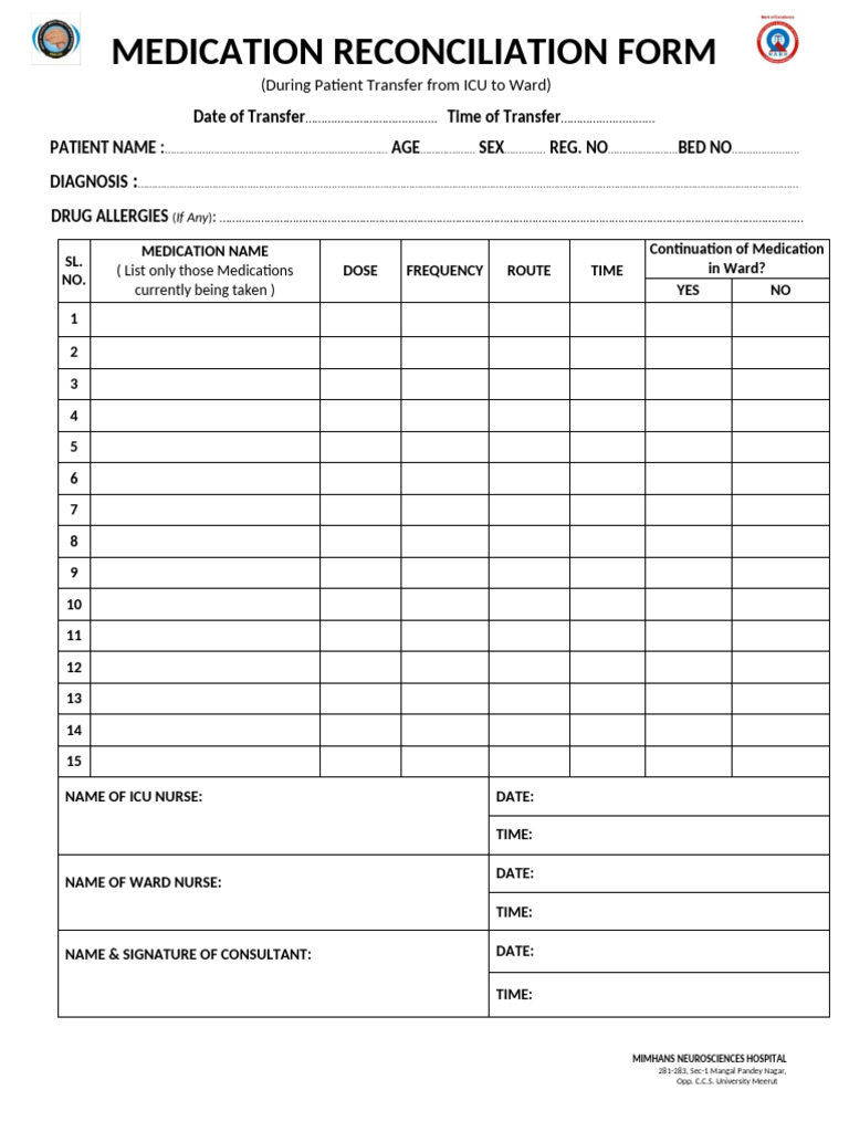 Icu To Ward Medication Reconciliation Form | PDF