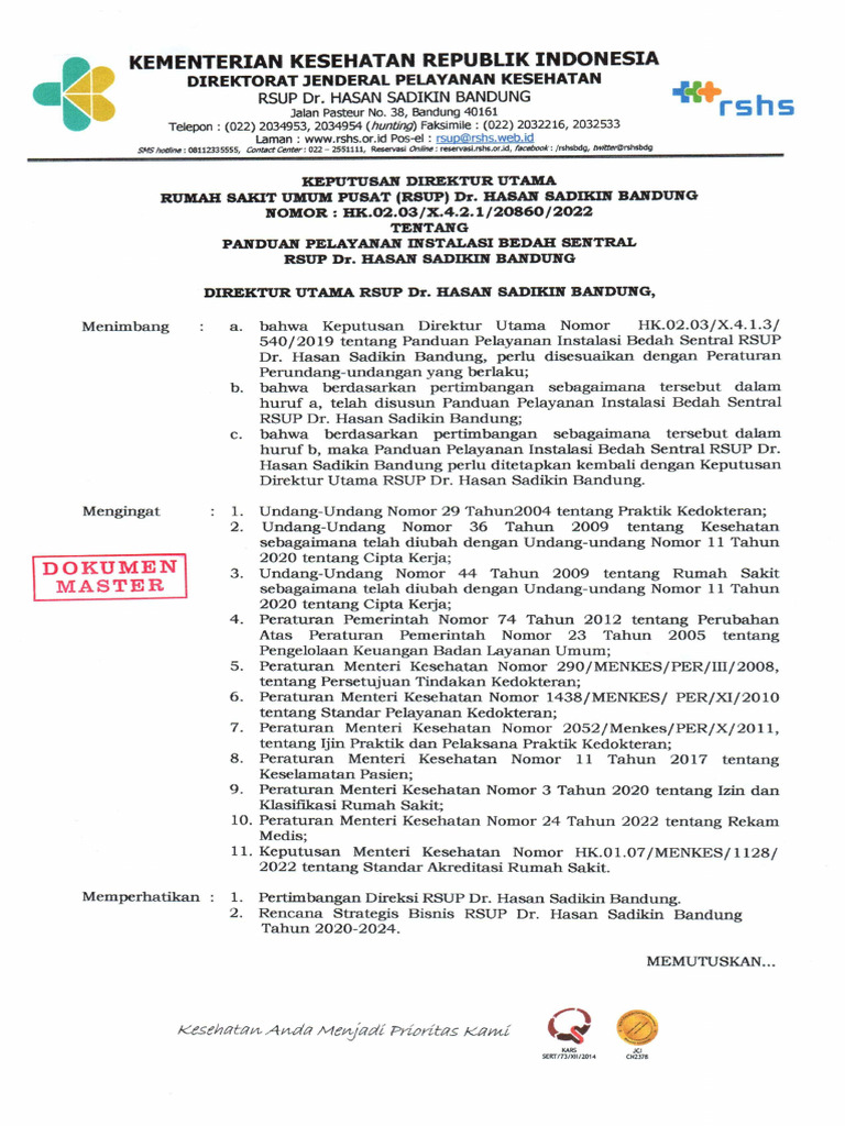 Panduan Pelayanan Instalasi Bedah Sentral (20860-2022) | PDF