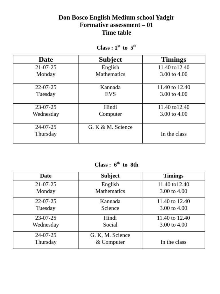 FA1 Time Table-1 | PDF