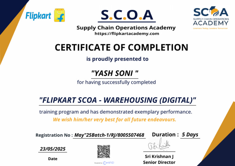 Certificate Flipkart SCOA Warehousing Yash Soni 243 | PDF