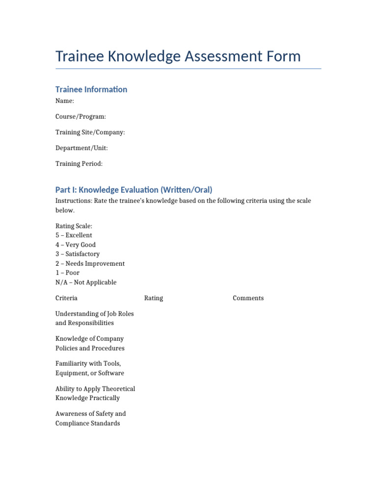 Trainee Knowledge Assessment Form | PDF