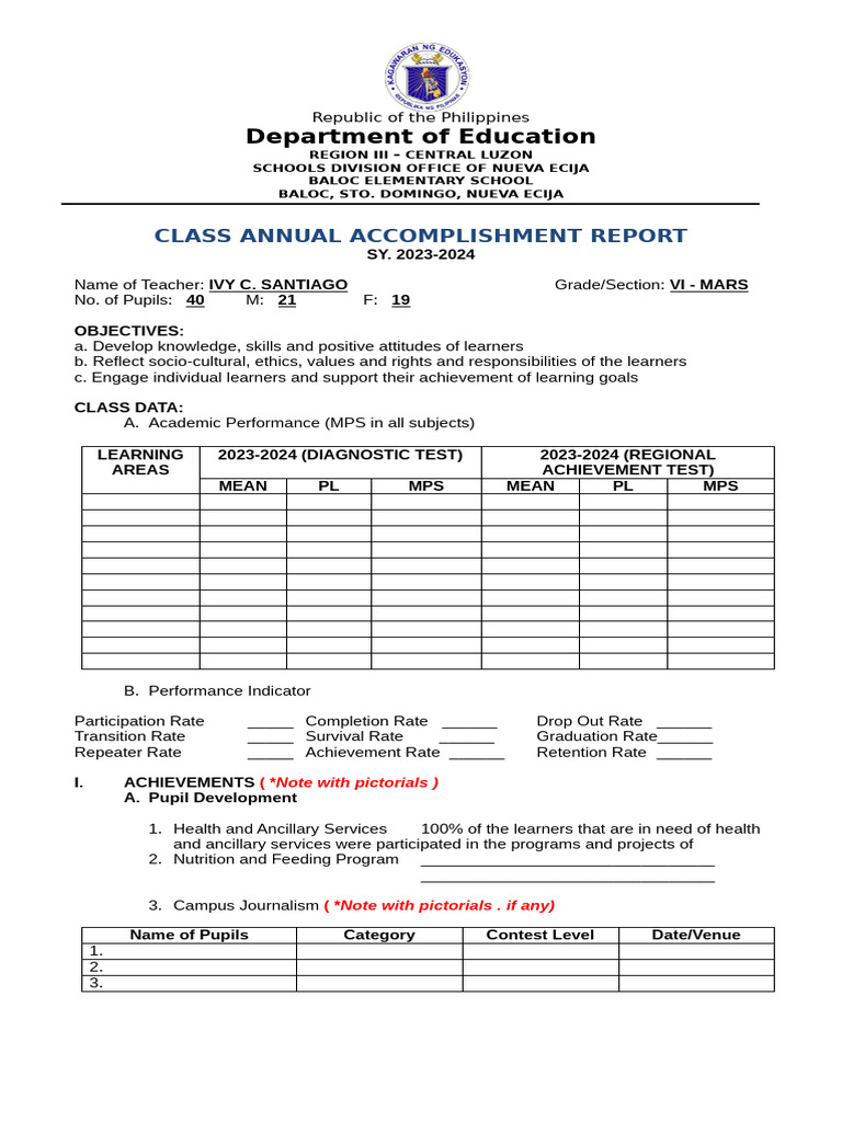 Class Annual Accomplishment Report 2024 FINAL | PDF | Teaching ...