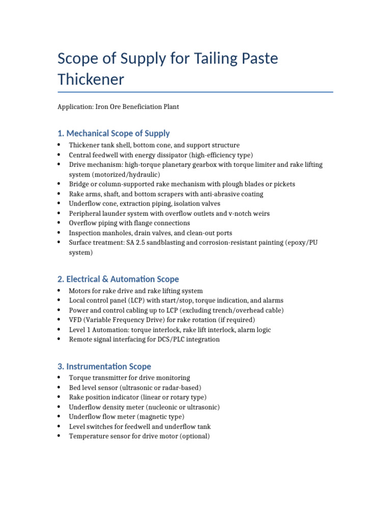 Scope of Supply Paste Thickener Iron Ore | PDF | Valve | Automation