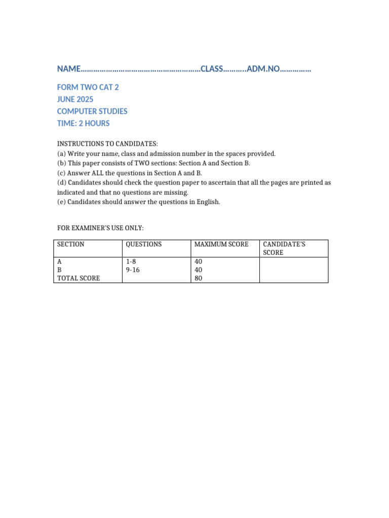 Form Two Computer Studies Exam 2025 | PDF