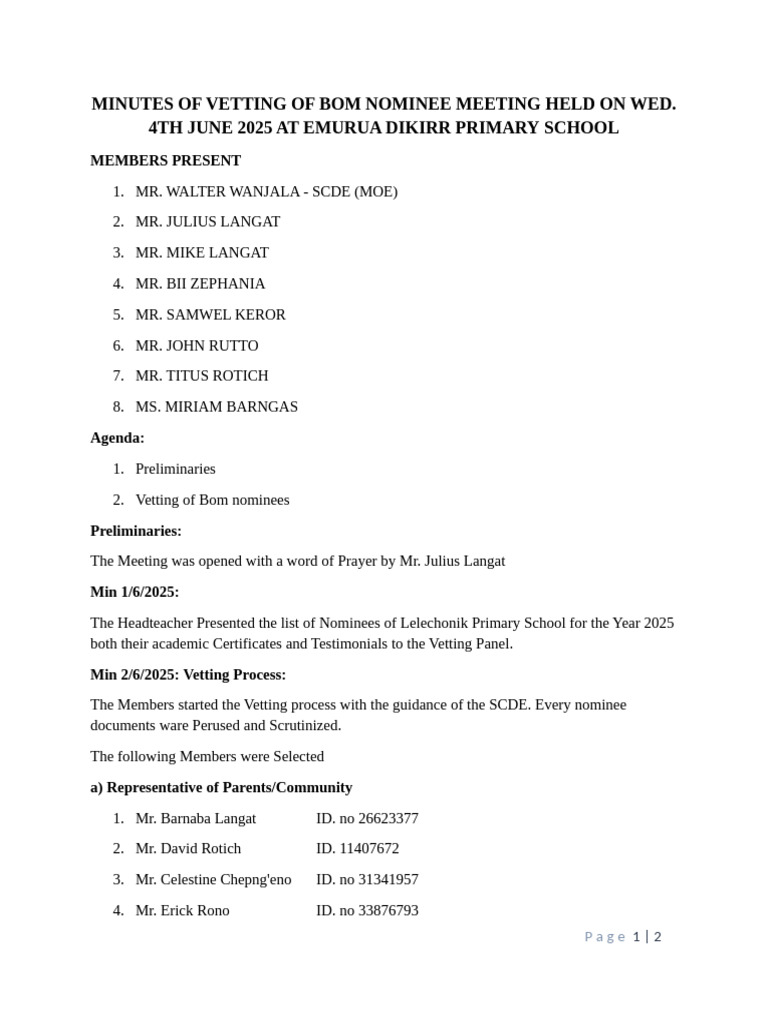 Minutes of Vetting of Bom Nominee Meeting Held On Wed | PDF