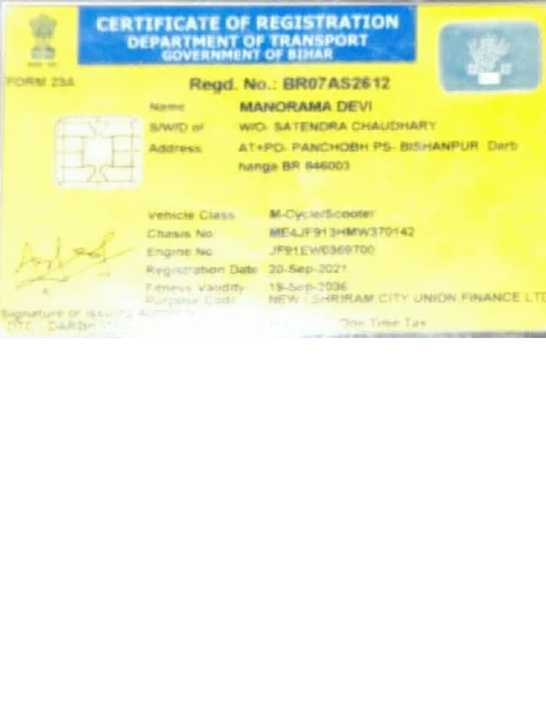 Bihar Vehicle Registration Certificate | PDF