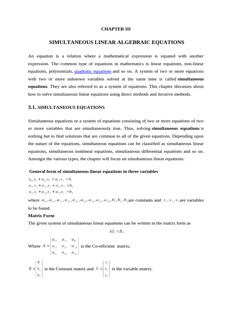 Solving Simultaneous Equations in Class 9 | PDF | Equations | Matrix ...