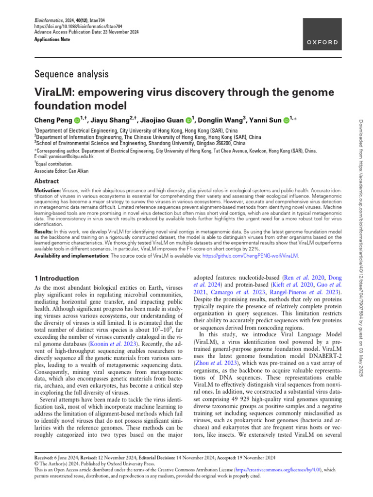 Peng 等 - 2024 - ViraLM Empowering Virus Discovery Through the Genome Foundation Model | PDF ...
