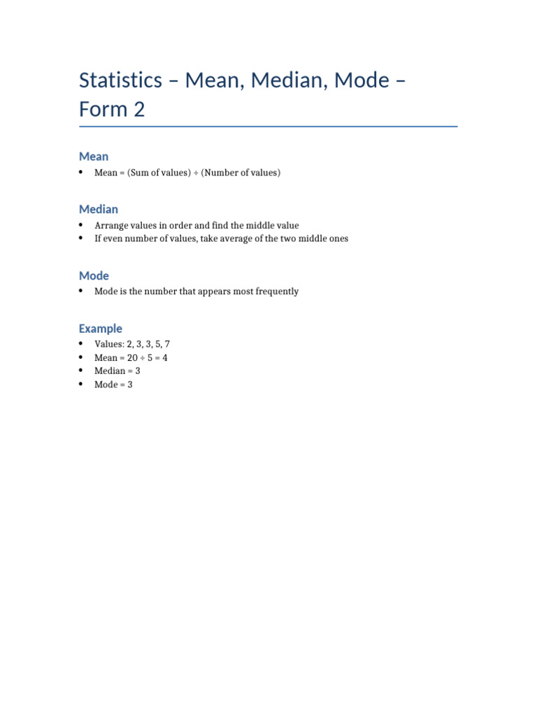 Statistics Mean Median Mode Form2 | PDF