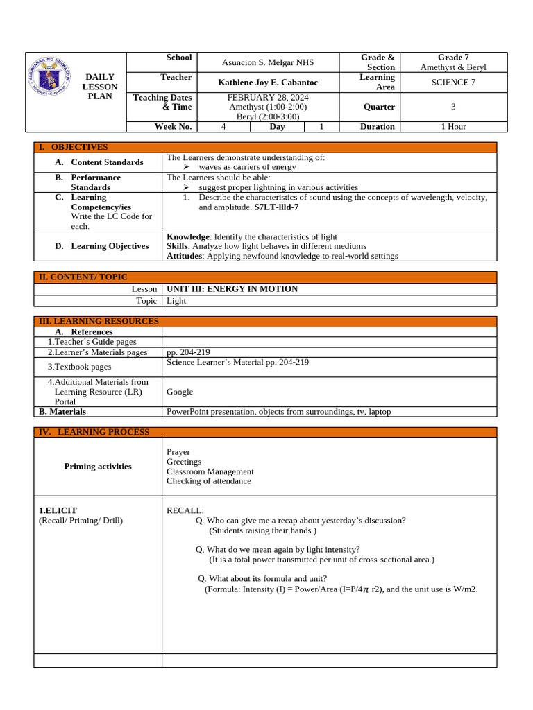 Grade 7 Science Lesson Plan: Light | PDF | Color | Electromagnetic Spectrum