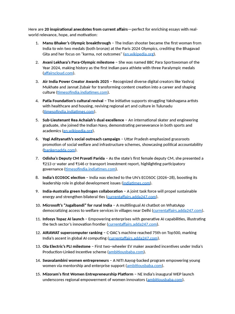 20 Inspirational Anecdotes From Current Affairs | PDF