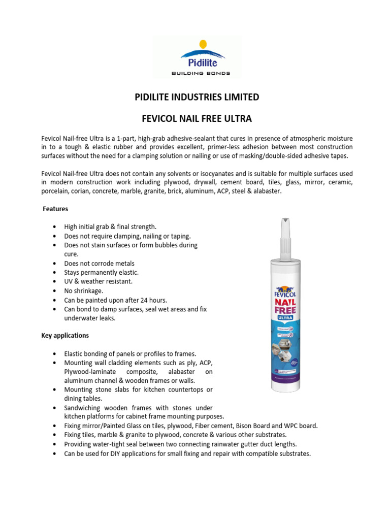 Fevicol Nail-Free Ultra Adhesive Guide | PDF | Tile | Wall