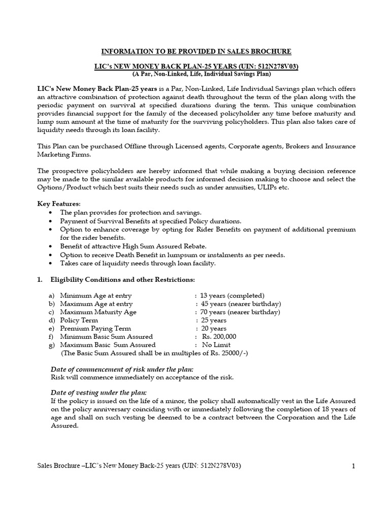 New Money Back Plan-25 Years Plan 721 | PDF | Insurance | Interest