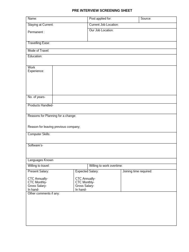 Pre-Interview Candidate Screening Sheet | PDF