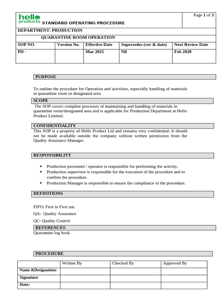 Sop - Quarentine Room Operation | PDF | Pallet