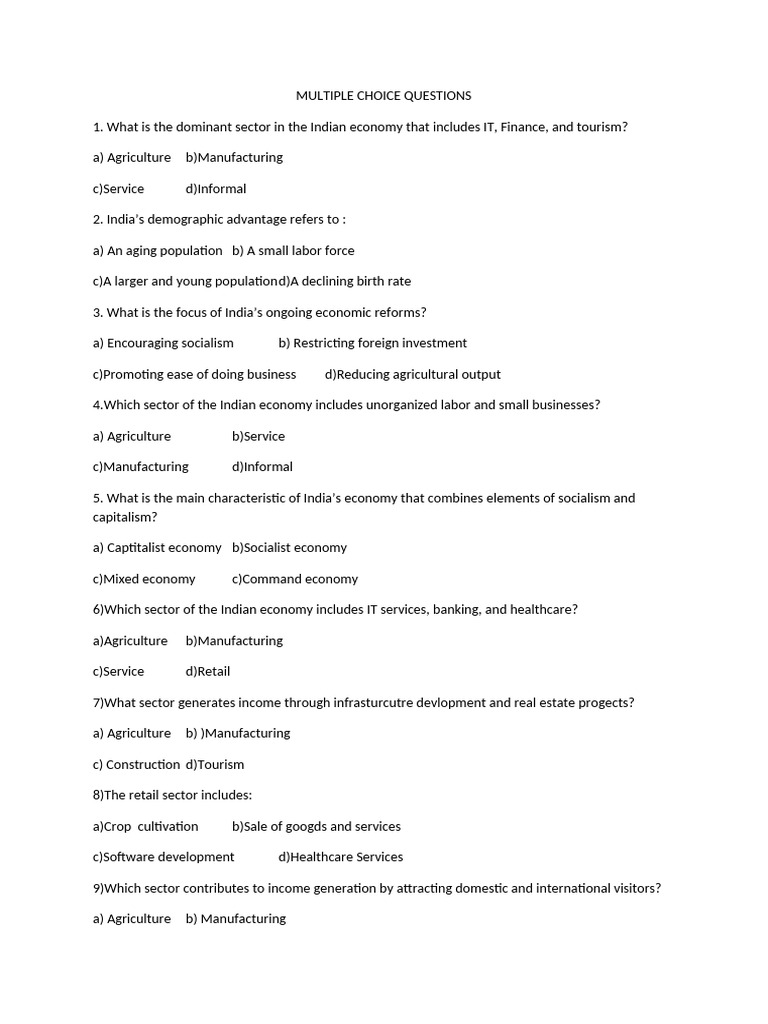 Multiple Choice Questions Indian Economy | PDF | Fiscal Policy ...