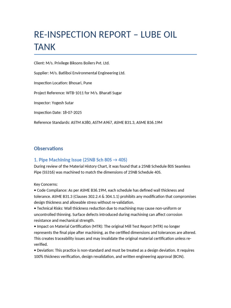 Reinspection Report Lube Oil Tank 18-07-2025 v2 | PDF | Pipe (Fluid ...