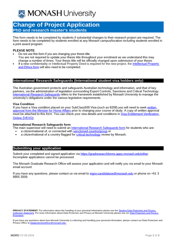 Monash Change of Project Application | PDF | Thesis