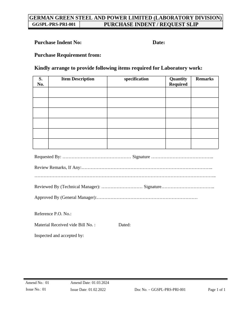 GGSPL PRS PRI 001 Purchase Indent Requistion Slip | PDF
