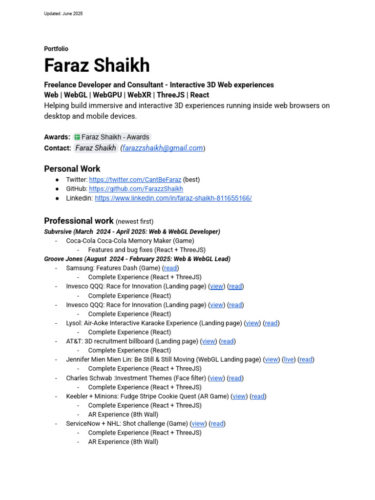 Faraz Shaikh - Portfolio | PDF | Web Gl | Shader