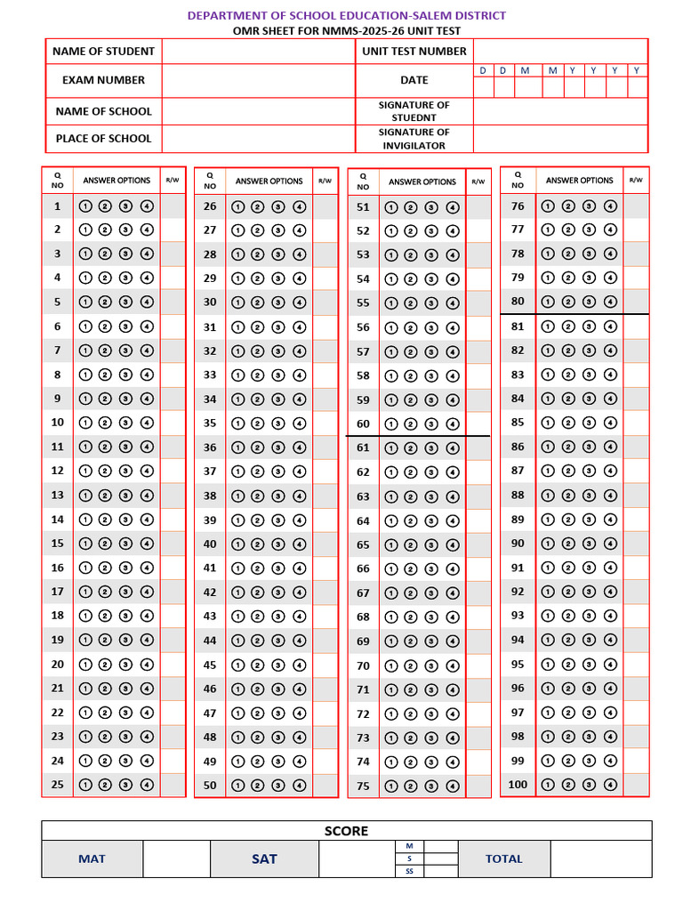 NMMS 2025-26 OMR Sheet Template | PDF