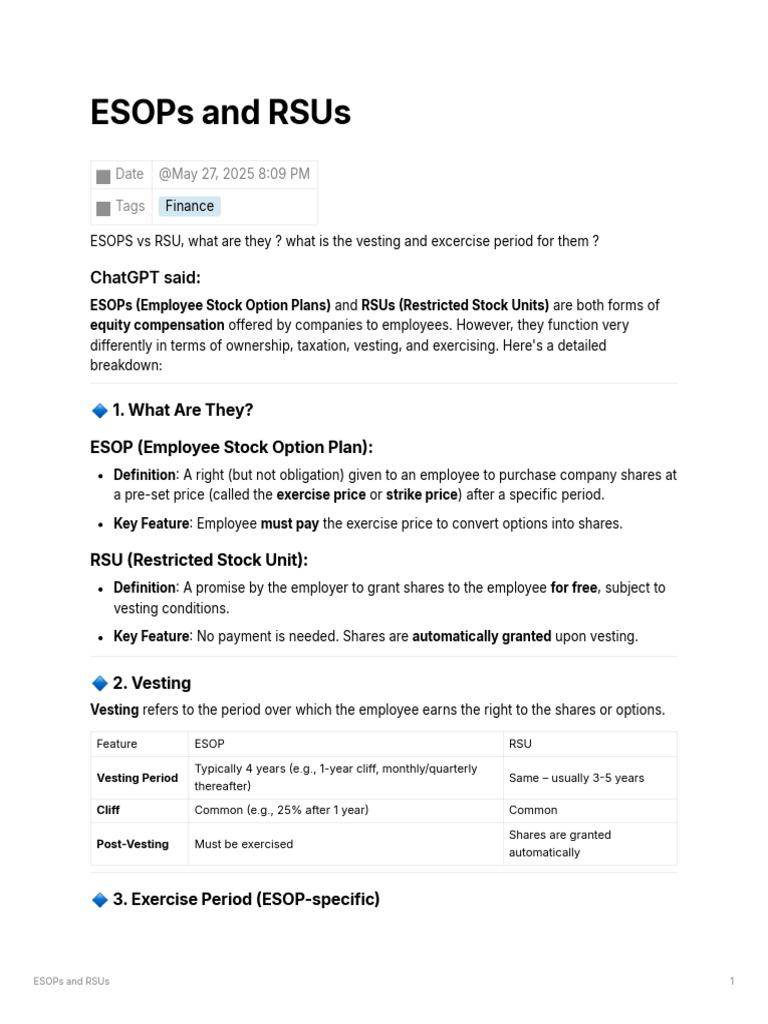 ESOPs and RSUs | PDF | Vesting | Corporations