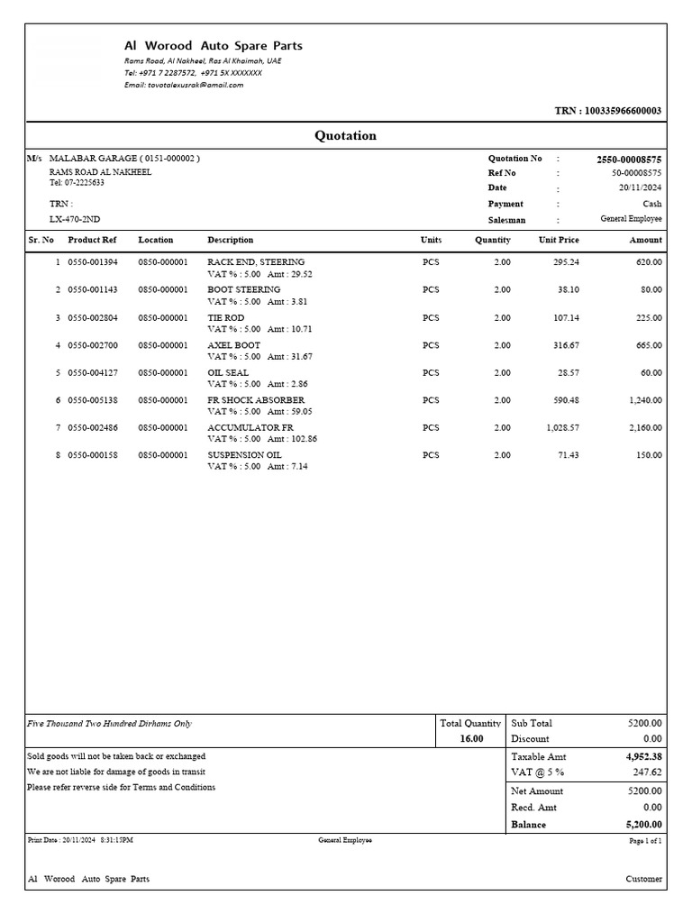 Auto Spare Parts Quotation - Al Worood | PDF | Taxes | Economies