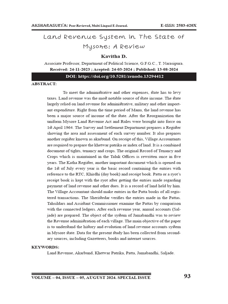 Land Revenue System in The State of Mysore A Review | PDF