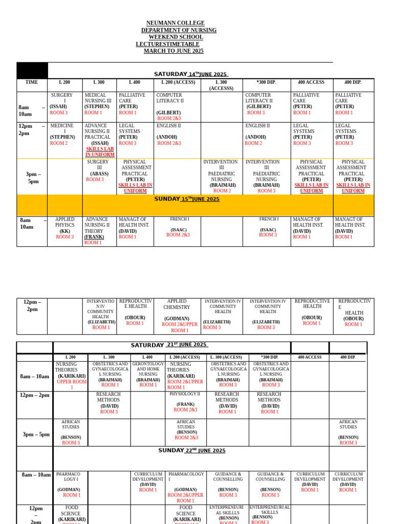 Neumann College Nursing Weekend Timetable | PDF | Health Care | Health ...