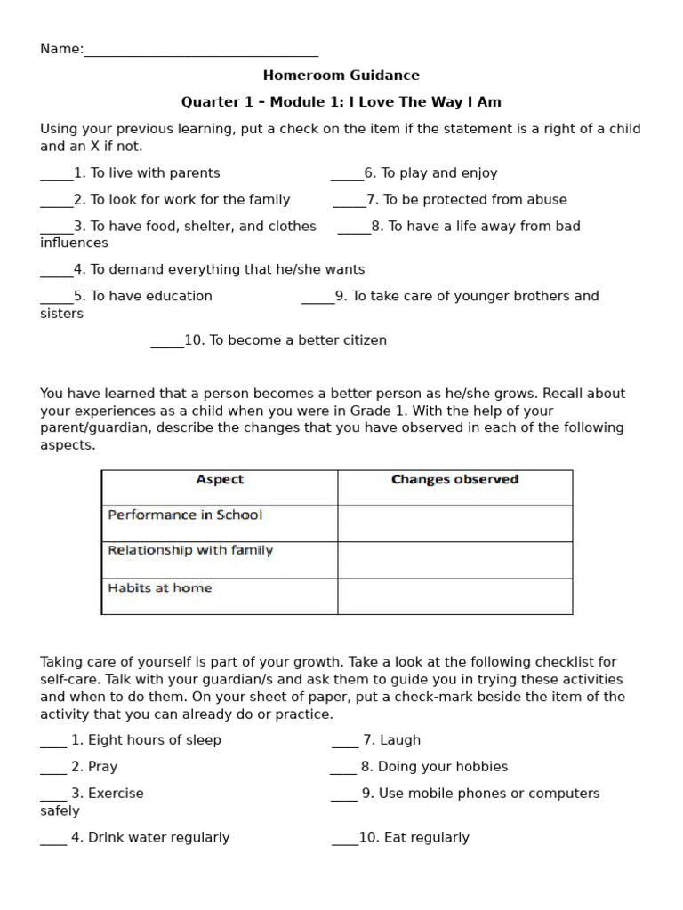 Homeroom Guidance Worksheet Quarter 1 Modules 1 4 | PDF