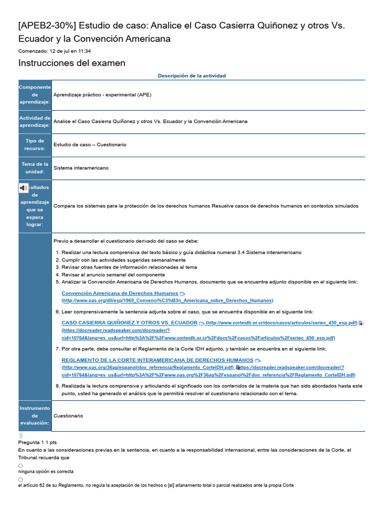 Examen - (APEB2-30%) Estudio de Caso - Analice El Caso Casierra Quiñonez y Otros vs. Ecuador y ...