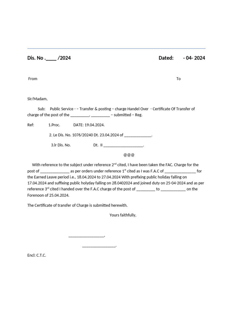 Certificate of Transfer of Charge 2024 | PDF