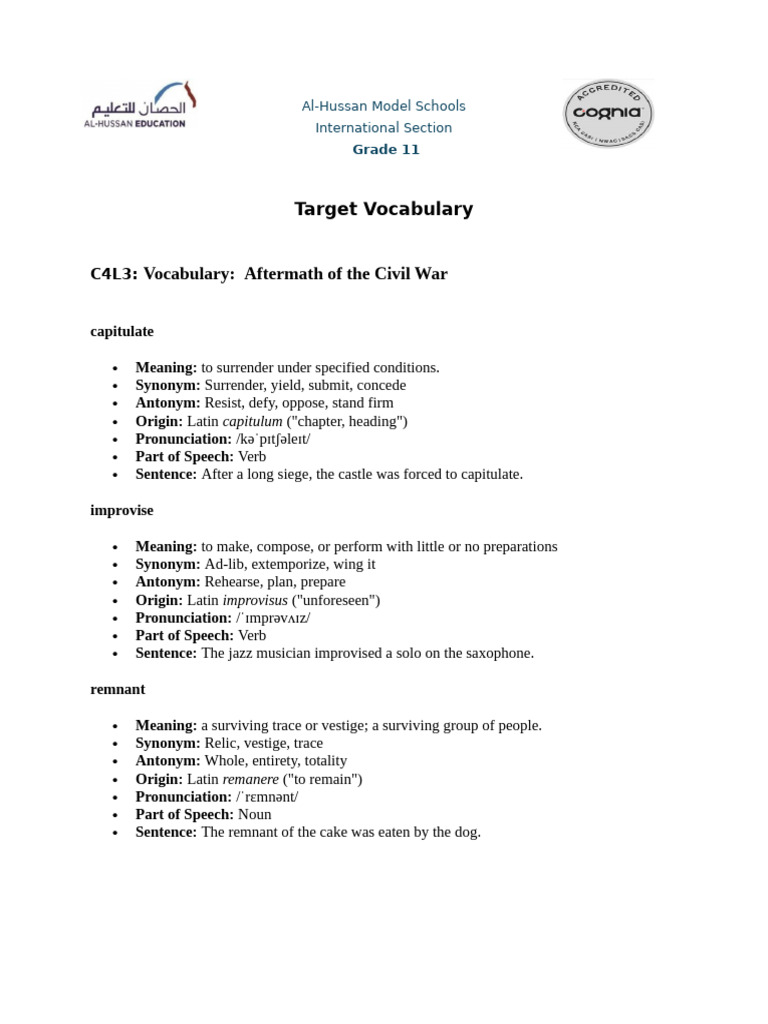 Vocabulary: Aftermath of The Civil War | PDF