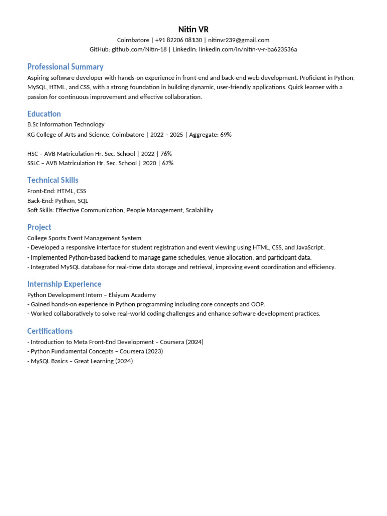Nitin VR ATS Optimized Resume | PDF