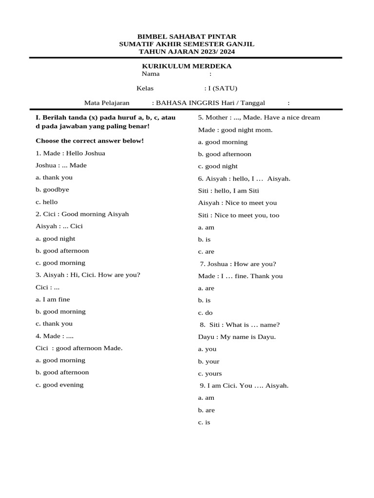 Soal Sumatif PAS Bahasa Inggris Kelas I Semester 1 | PDF | Chess Theory | Chess