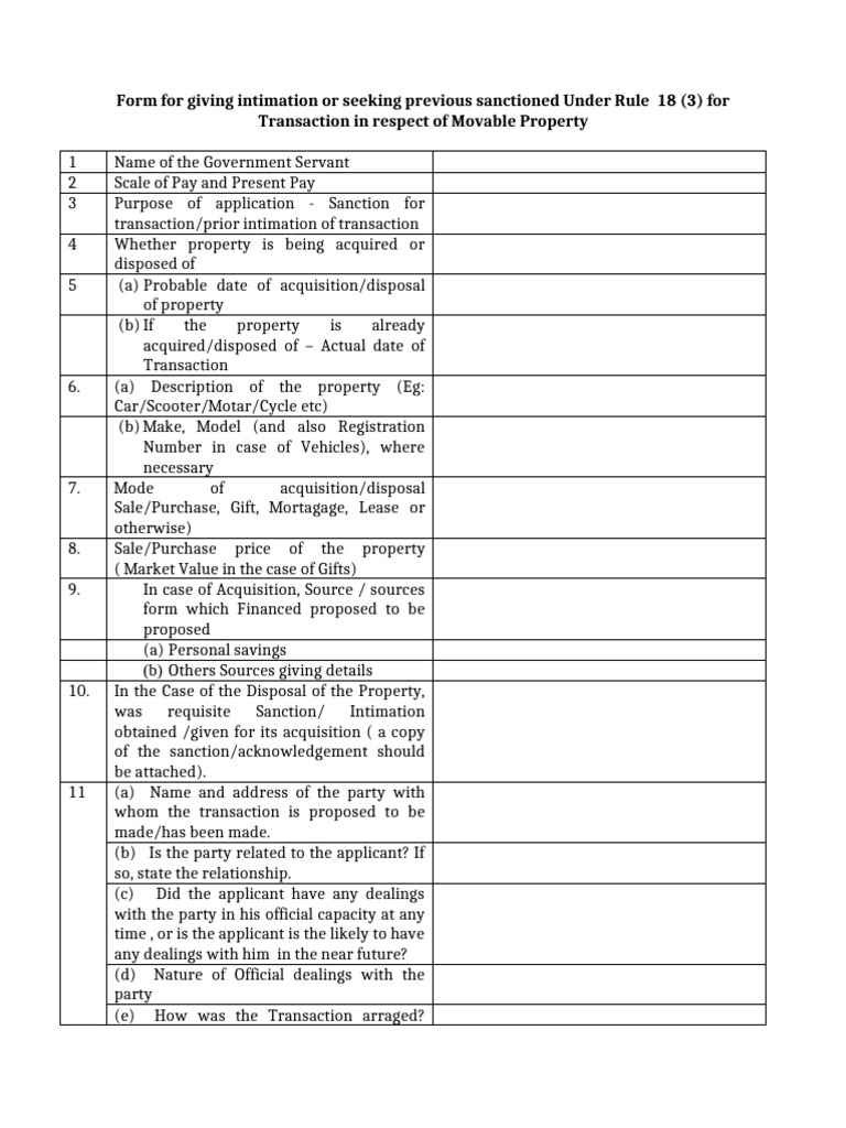 FORM For Intimation of Immovable Property Purchased by A Govt Employee ...