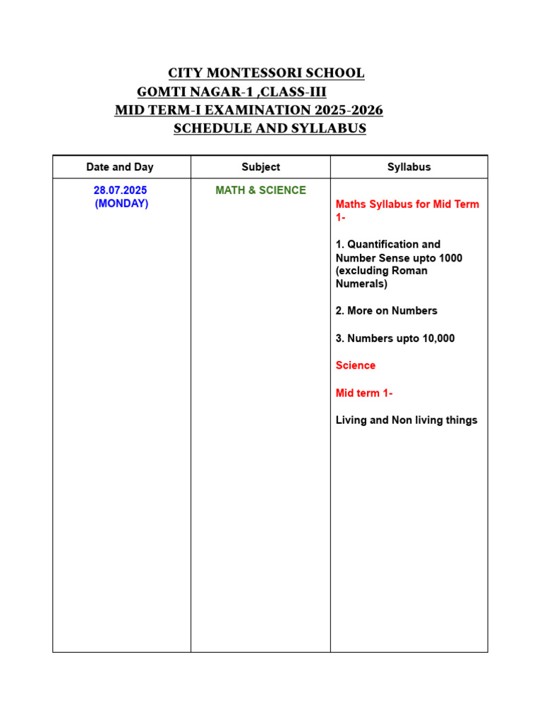 Class III Mid Term Exam Schedule 2025 | PDF | Grammatical Gender ...