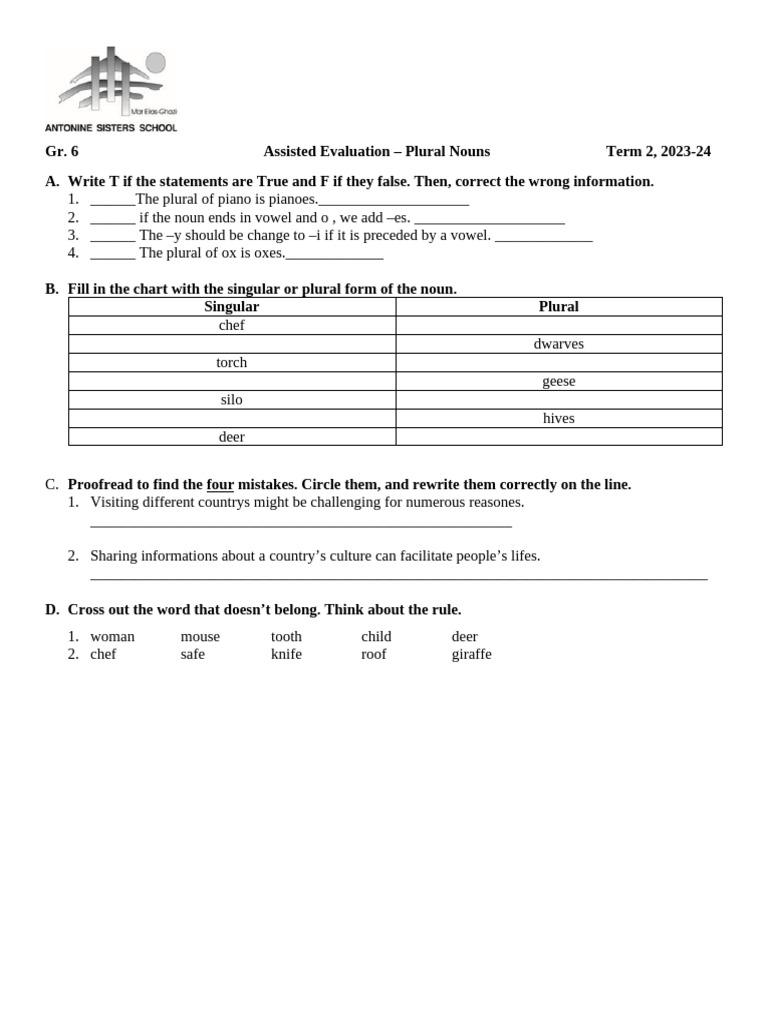 Gr. 6 - Assisted Evaluation - Plural Nouns - Term 2, 2023-24 | PDF