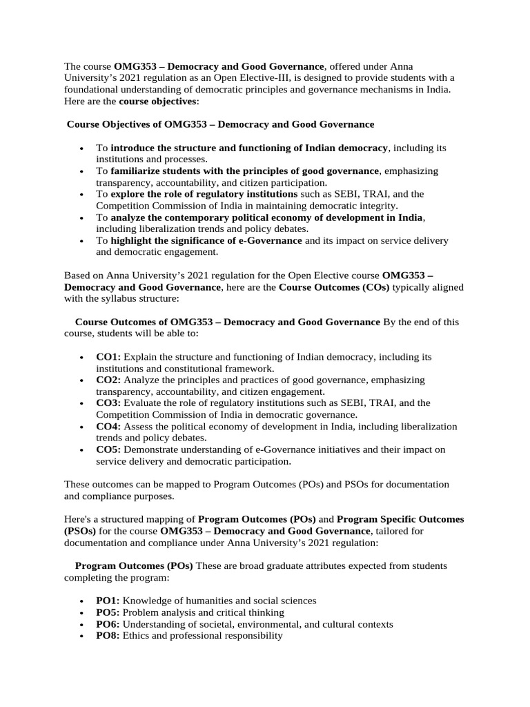 Suggested PSOs For The Subject OMG353 and CO-PO-PSO Mapping Matrix With ...