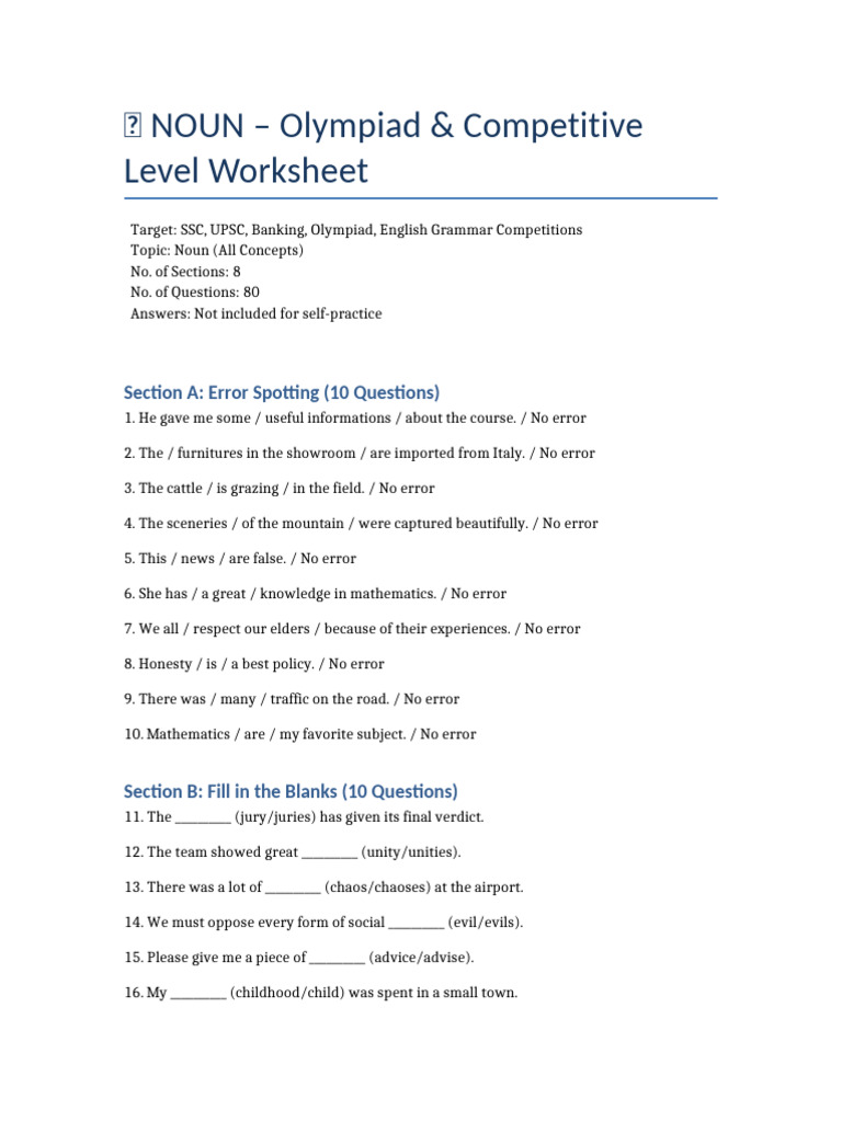 Noun Worksheet Competitive Level | PDF | Noun | Language Mechanics