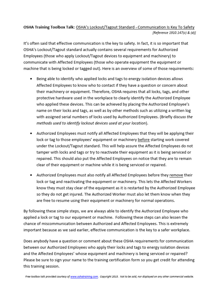 OSHA Training Toolbox Talk - Lockout-Tagout Communication Requirements ...